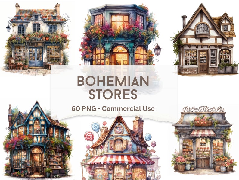 Bohemian Storefront Clipart: Vintage Shop Watercolor PNG Collection ...