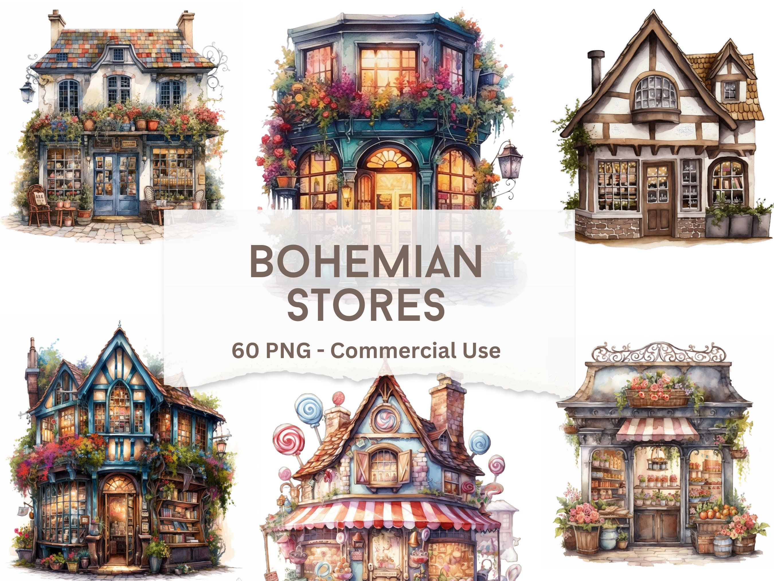 Bohemian Storefront Clipart: Vintage Shop Watercolor PNG Collection ...