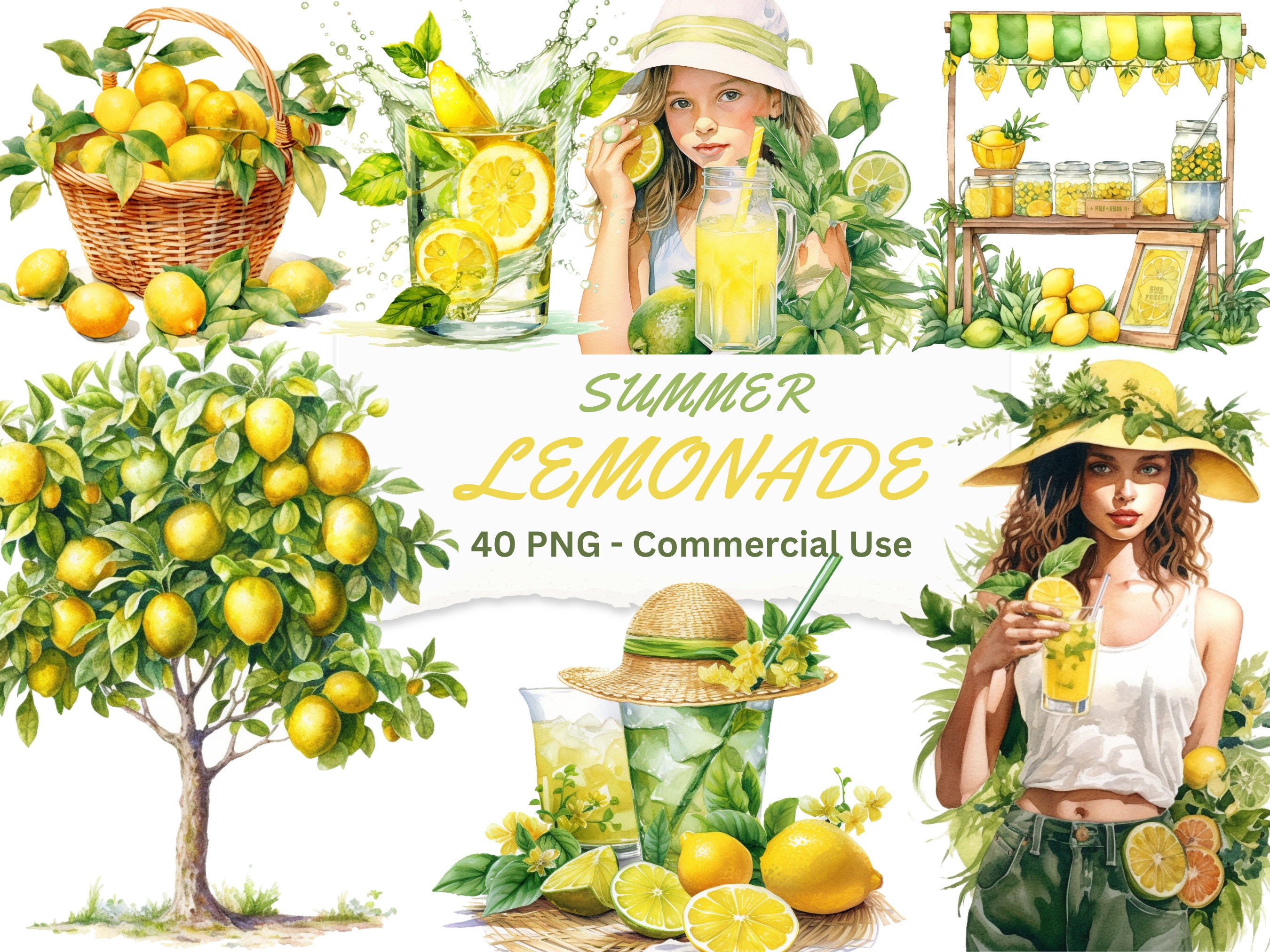 40 Summer Lemonade Watercolor High Resolution PNG Clipart Set, Instant ...