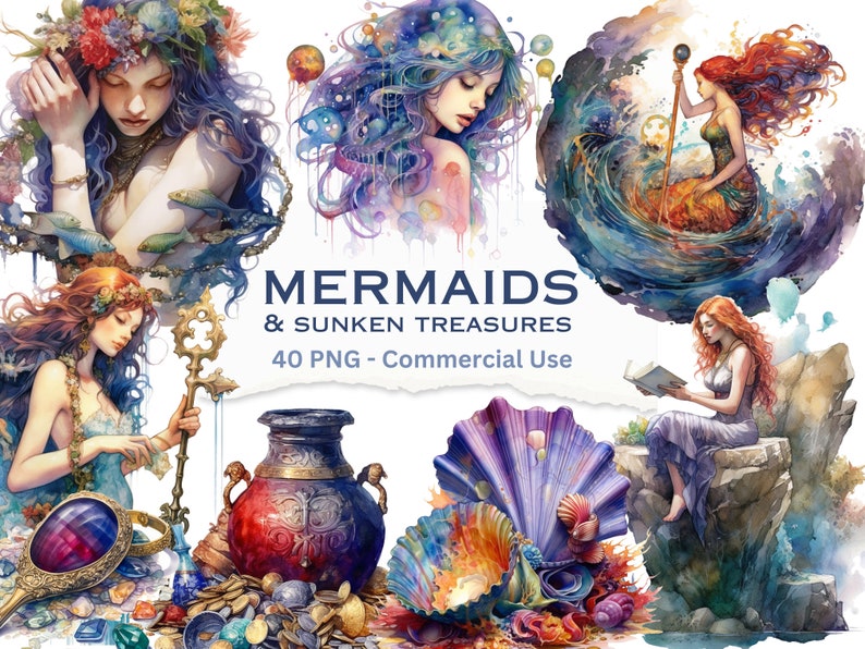 Mermaid Clipart Collection: Sunken Treasure PNG Graphics (commercial ...