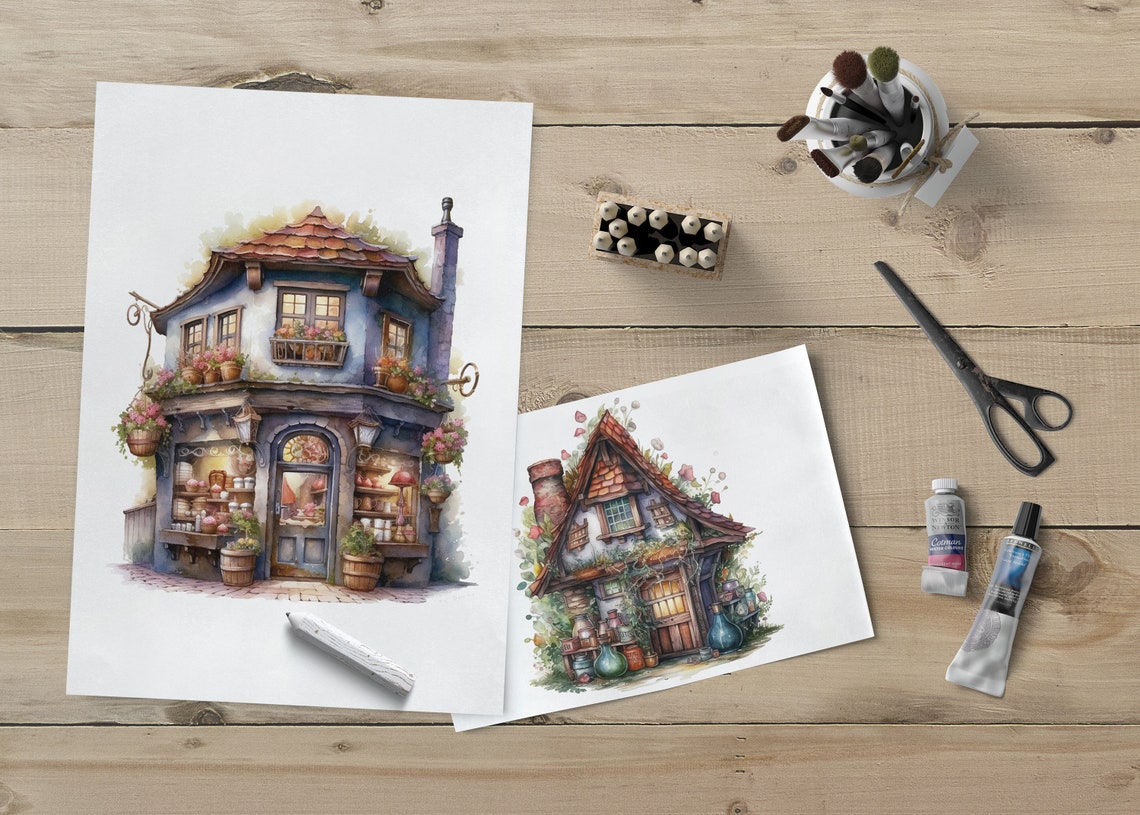 Bohemian Storefront Clipart: Vintage Shop Watercolor PNG Collection ...