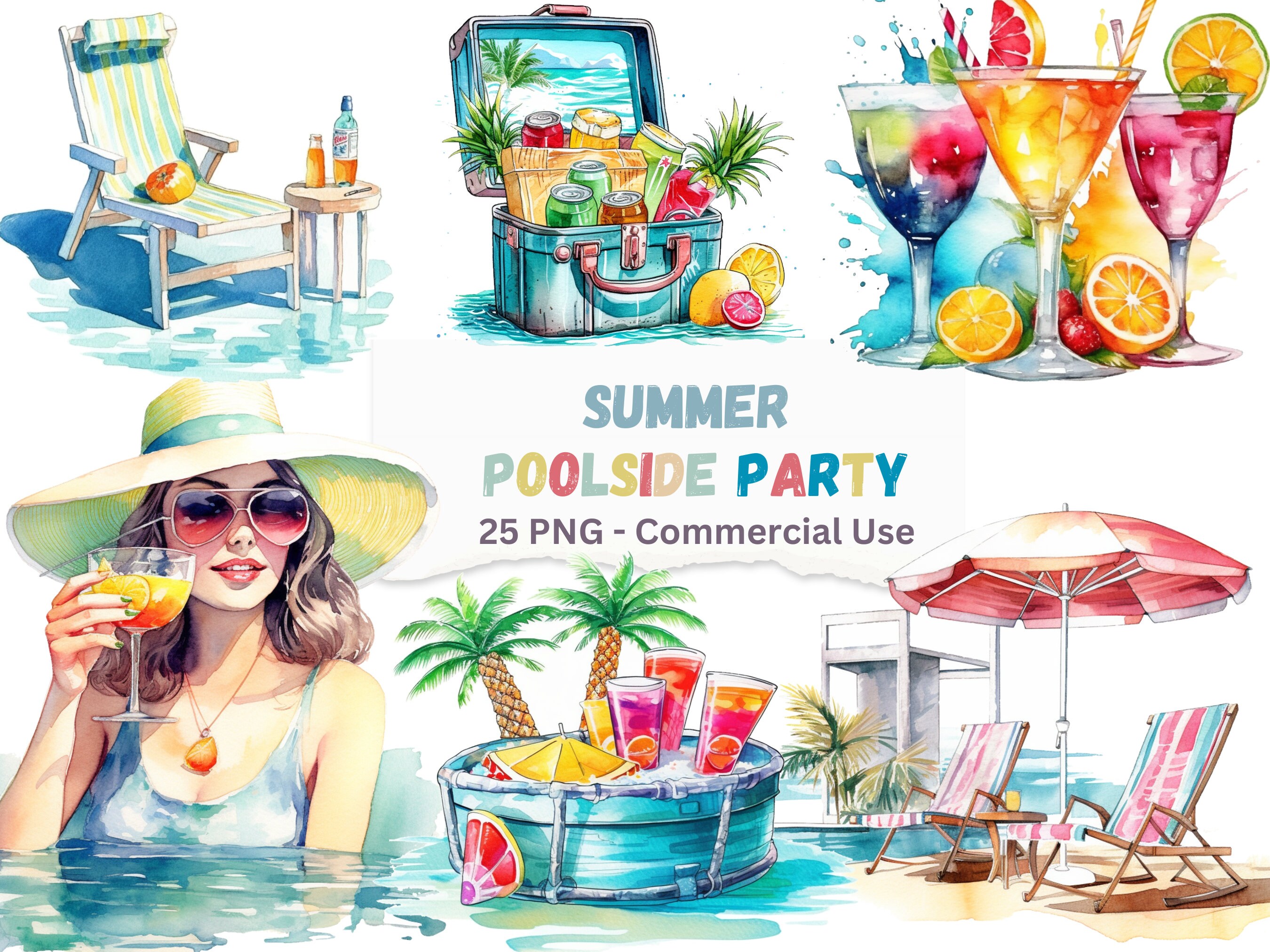 Summer Poolside Party Clipart, Watercolor PNG, Commercial Use (25 Files ...