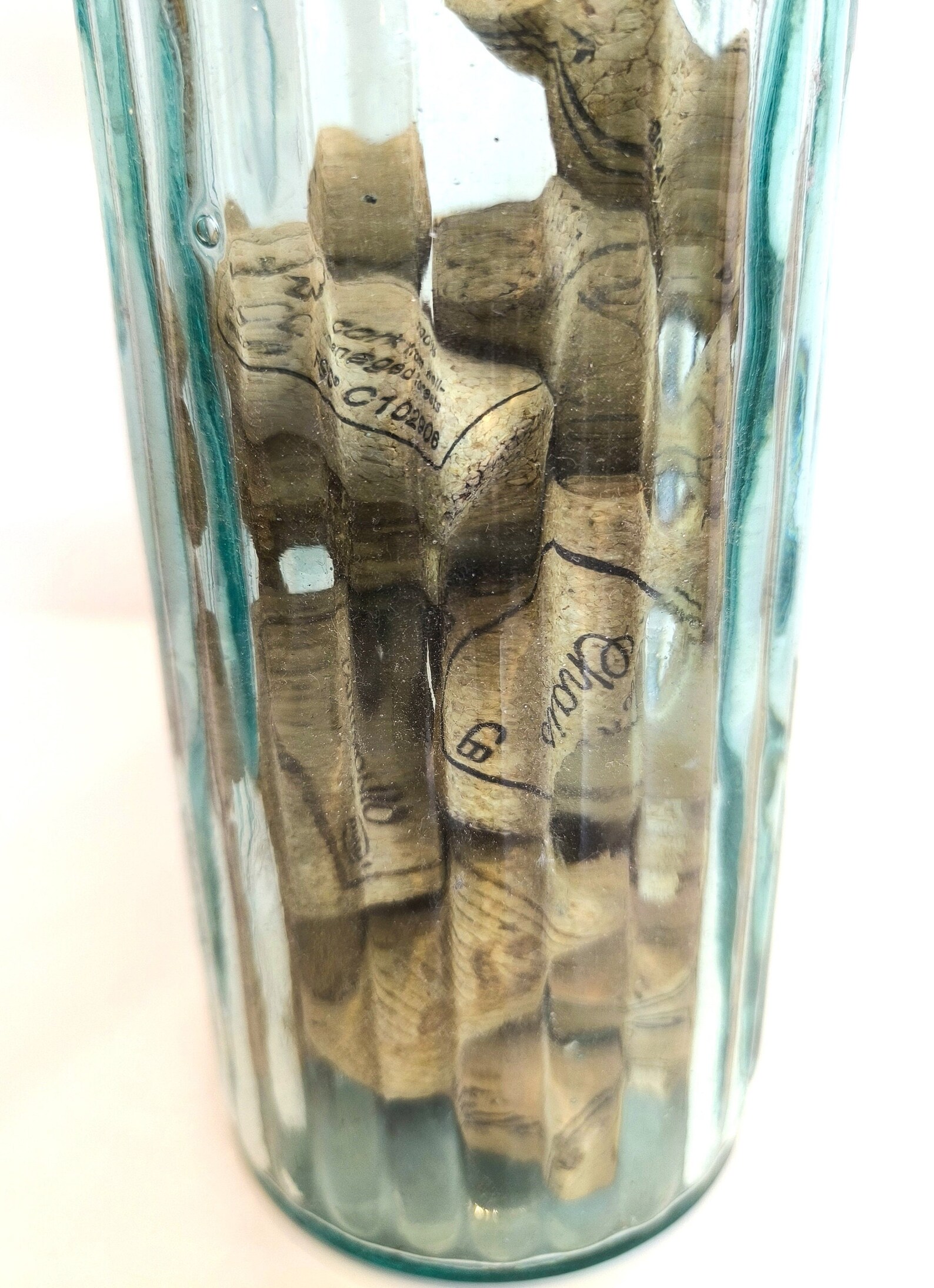 Vintage Aqua Glass Vase Ribbed Bottle For Flowers With Wine Cork Collection Flower Vase Stem