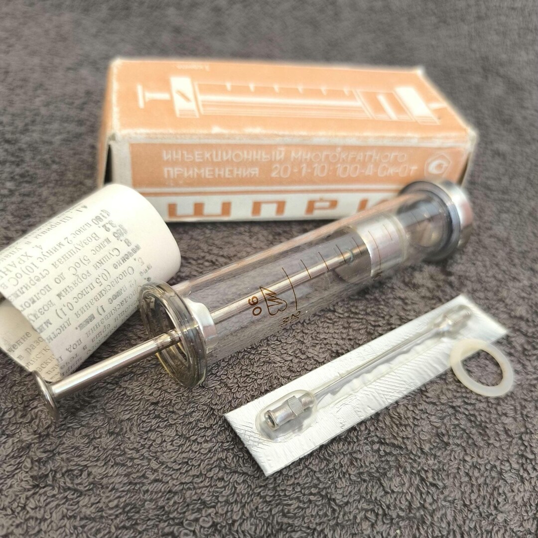 Medical 1990s Hypodermic Injection Syringe, Stainless Steel With Glass ...