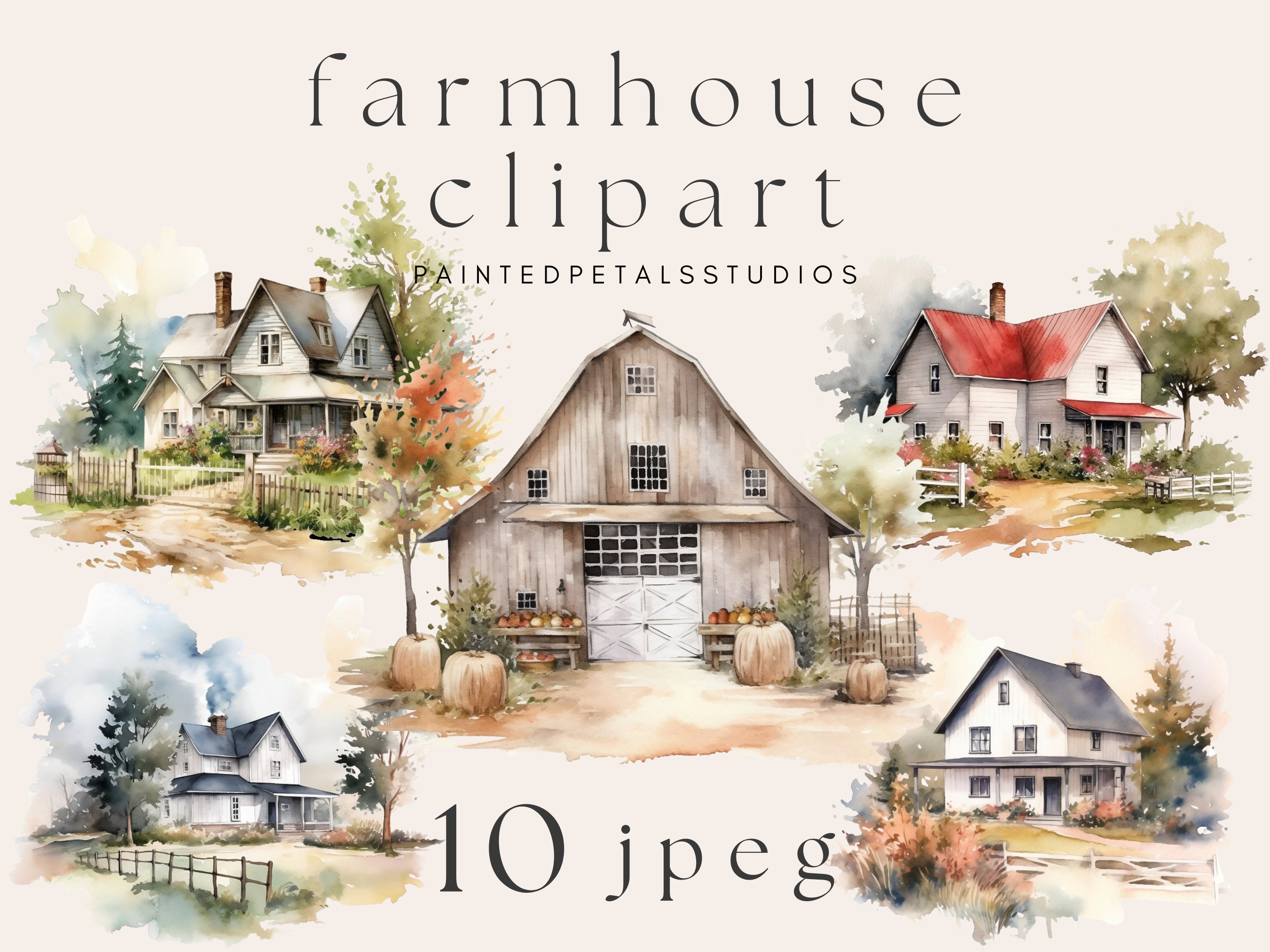 Farmhouse Clipart, Rustic Clipart, Watercolor Clipart, Watercolor ...