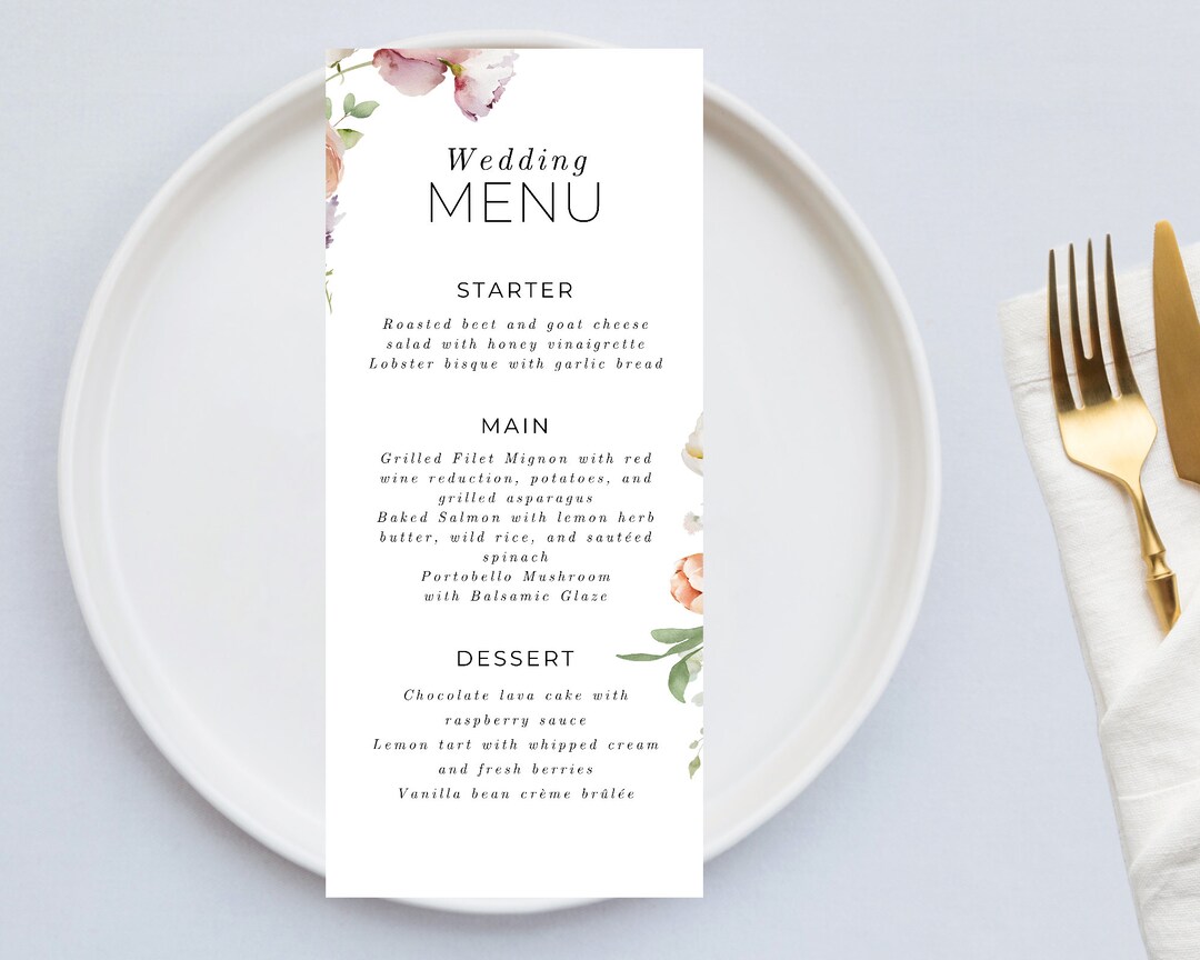 Digital Printable Menu Editable Table Card Tall Modern Wedding - Etsy