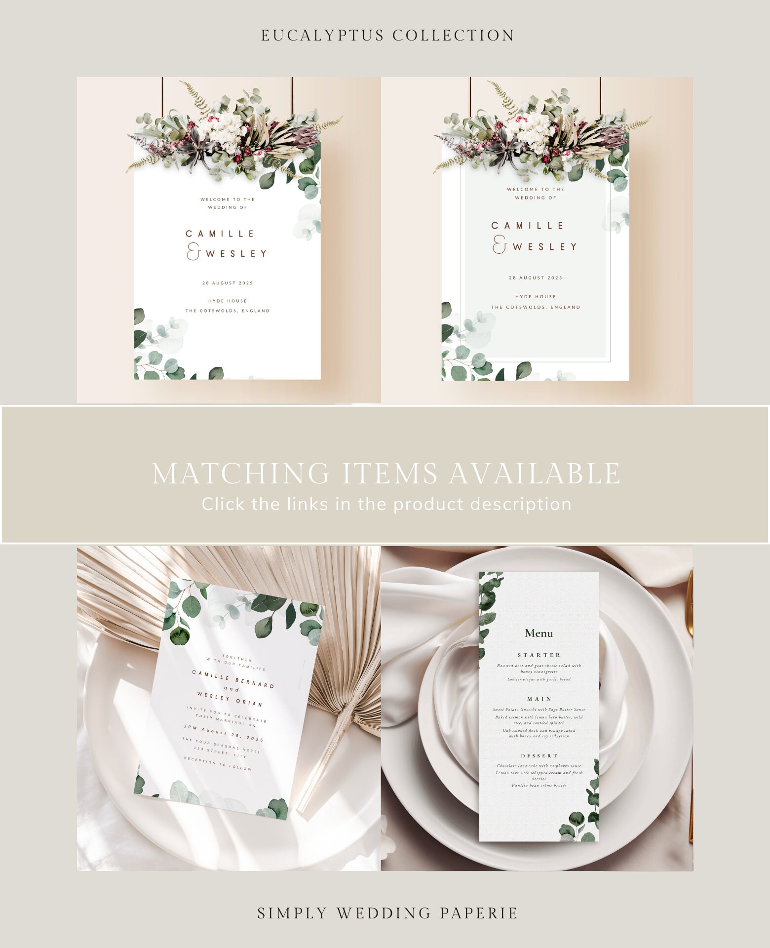 Eucalyptus Wedding Menu Template, Modern Wedding Editable Green and ...