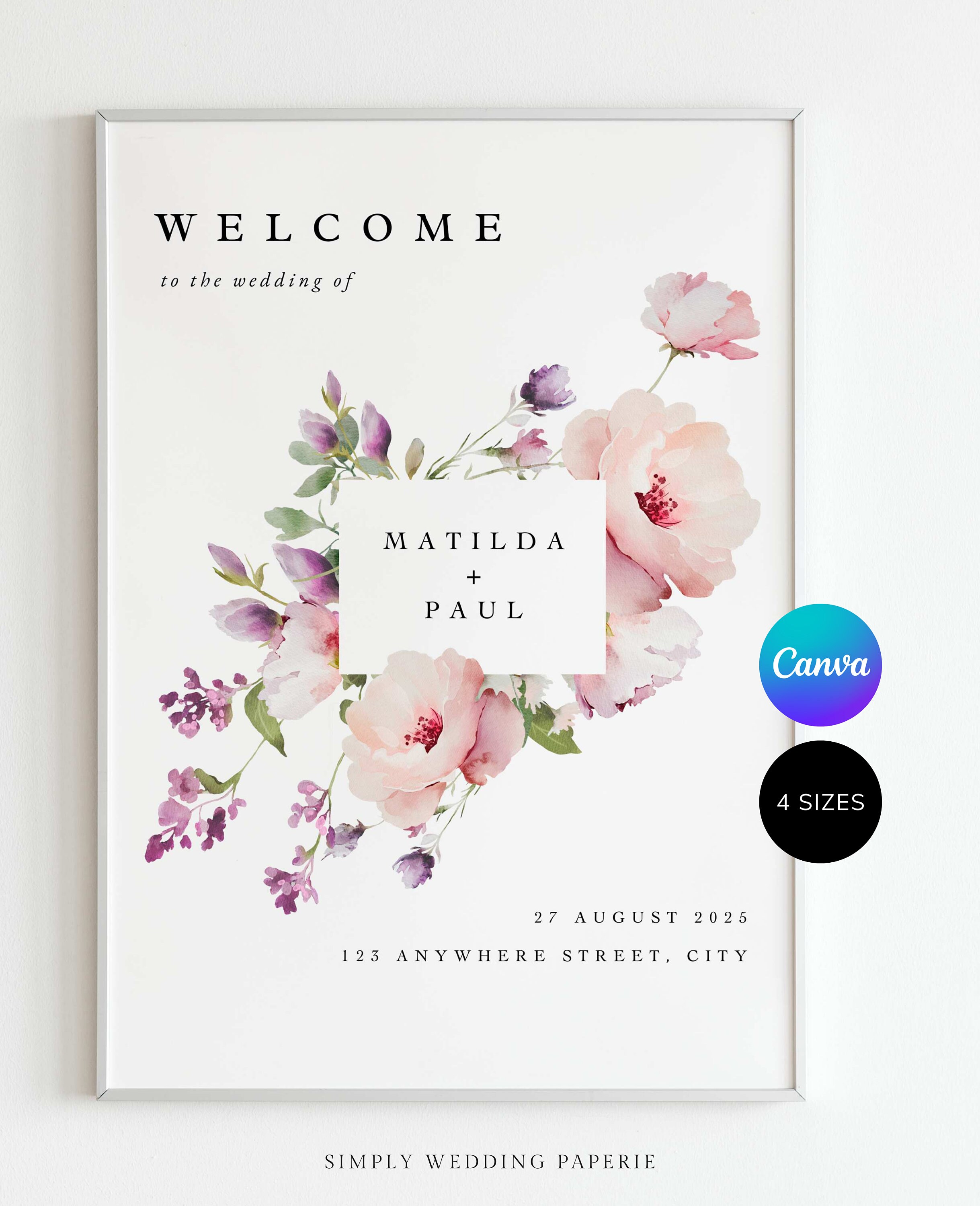 Floral Wedding Welcome Sign Template | Pink and Purple | Botanical ...