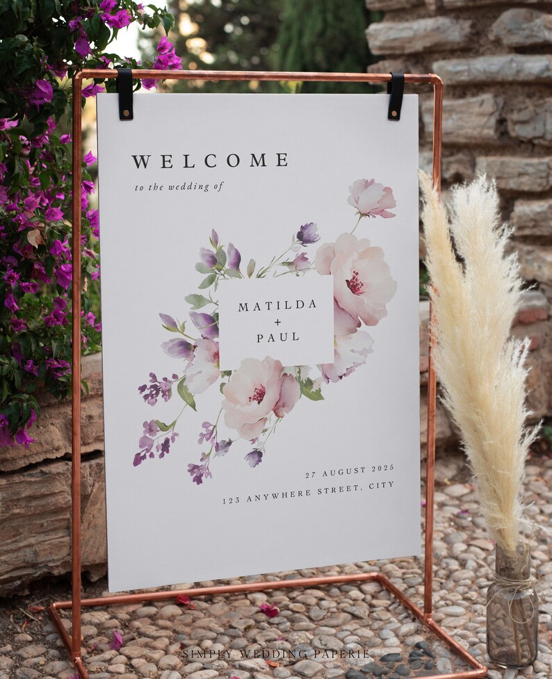 Floral Wedding Welcome Sign Template | Pink and Purple | Botanical ...