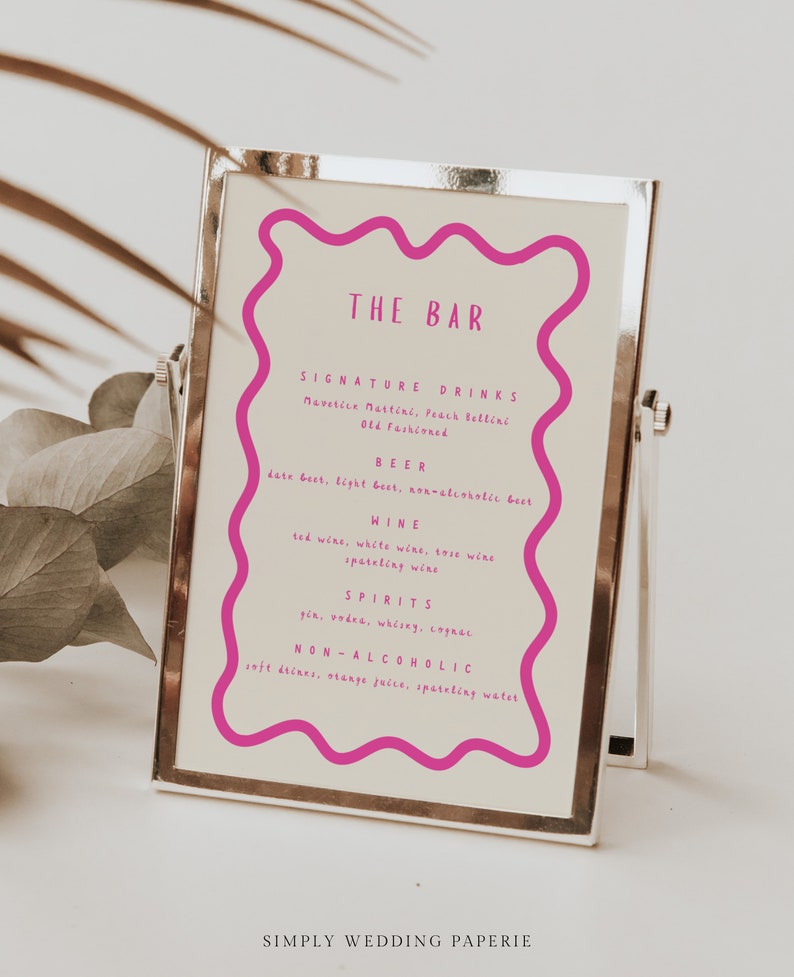 Artsy Wedding Bar Sign, Printable Bar Menu, Wavy Border Fun Colorful ...