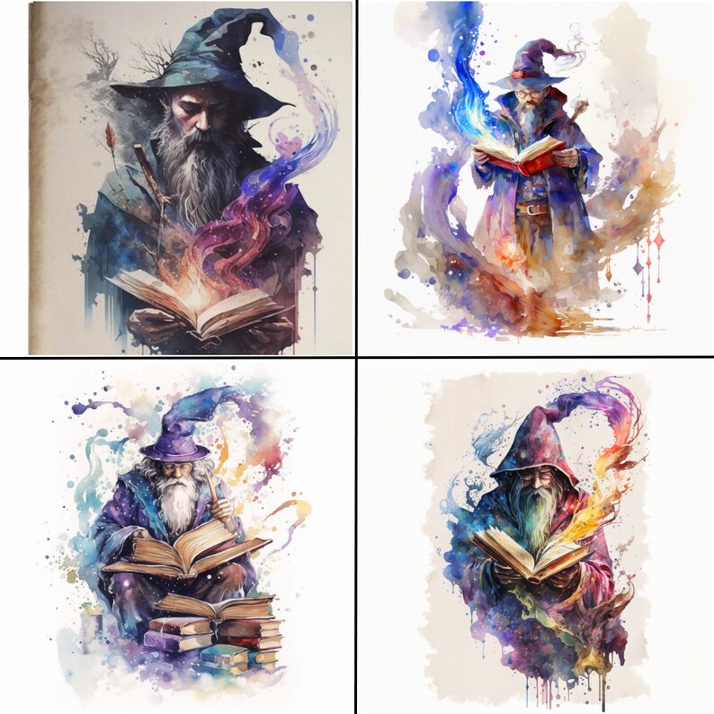 4 Wizard Clipart, Bundle, Multicolor, Watercolor Clipart, Magic Clipart ...