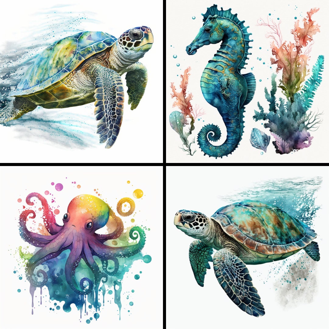 20 Sea Animals Mix Cliparts, Bundle, Watercolor Clipart, Pngs ...