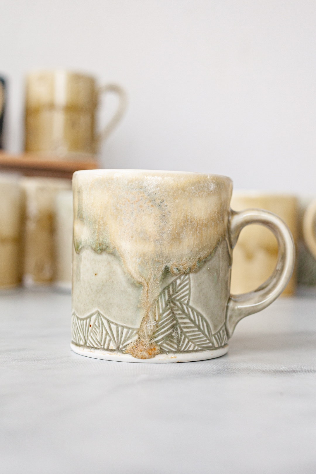 Small Light Green Ceramic Mugs, Leaf Pattern - Etsy