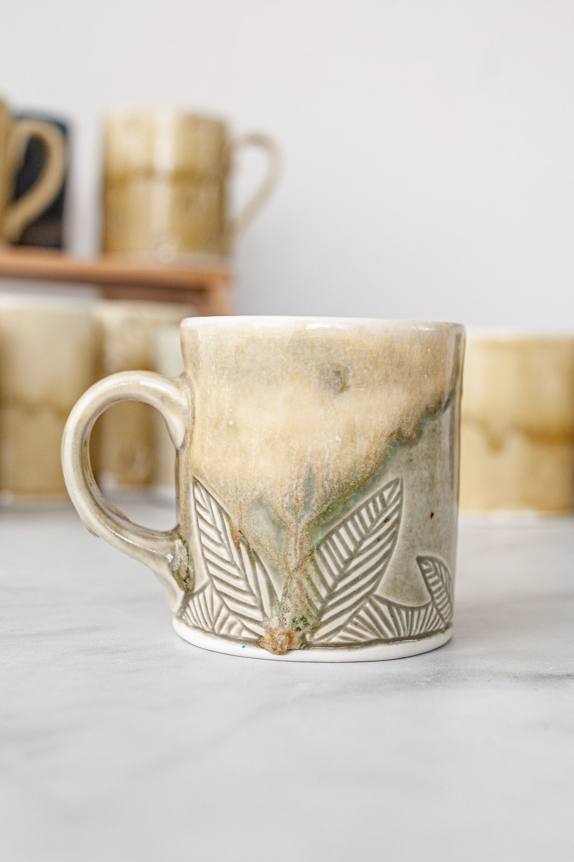 Small Light Green Ceramic Mugs, Leaf Pattern - Etsy