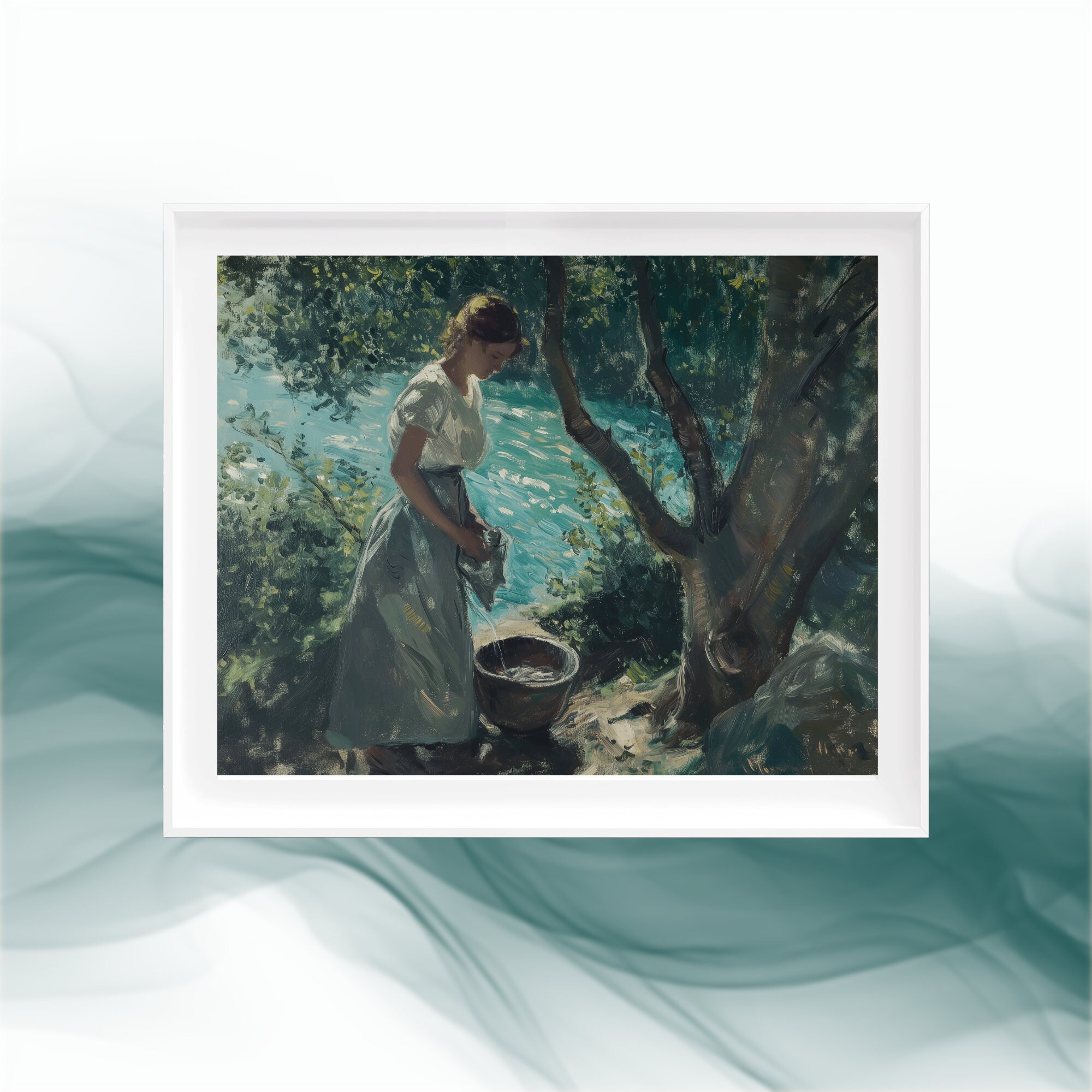 Laundry Digital Art Print, Riverside Wall Decor, Countryside Painting ...