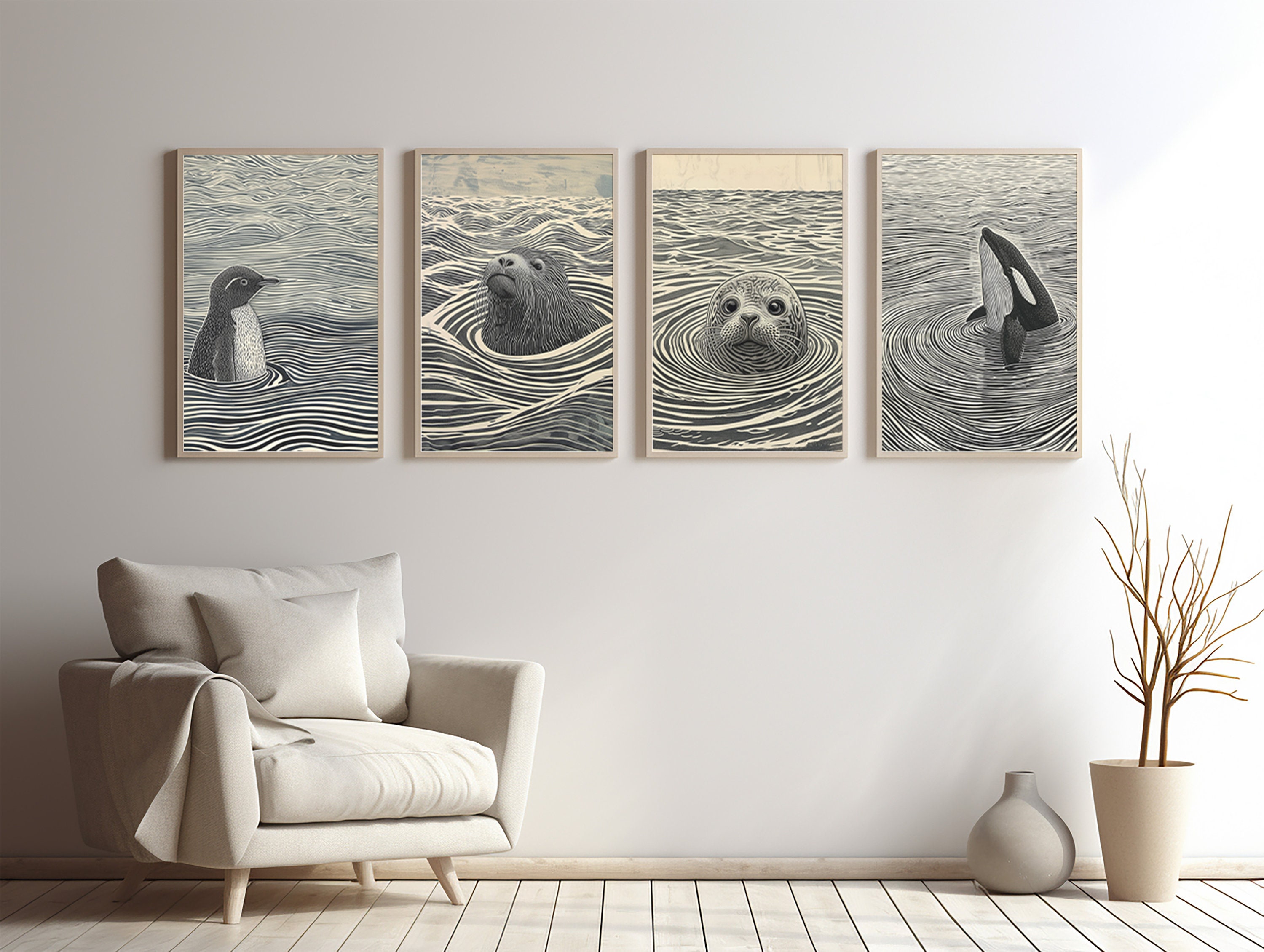 Penguin Digital Art Print, Seascape Wall Art, Monochromatic Artwork ...
