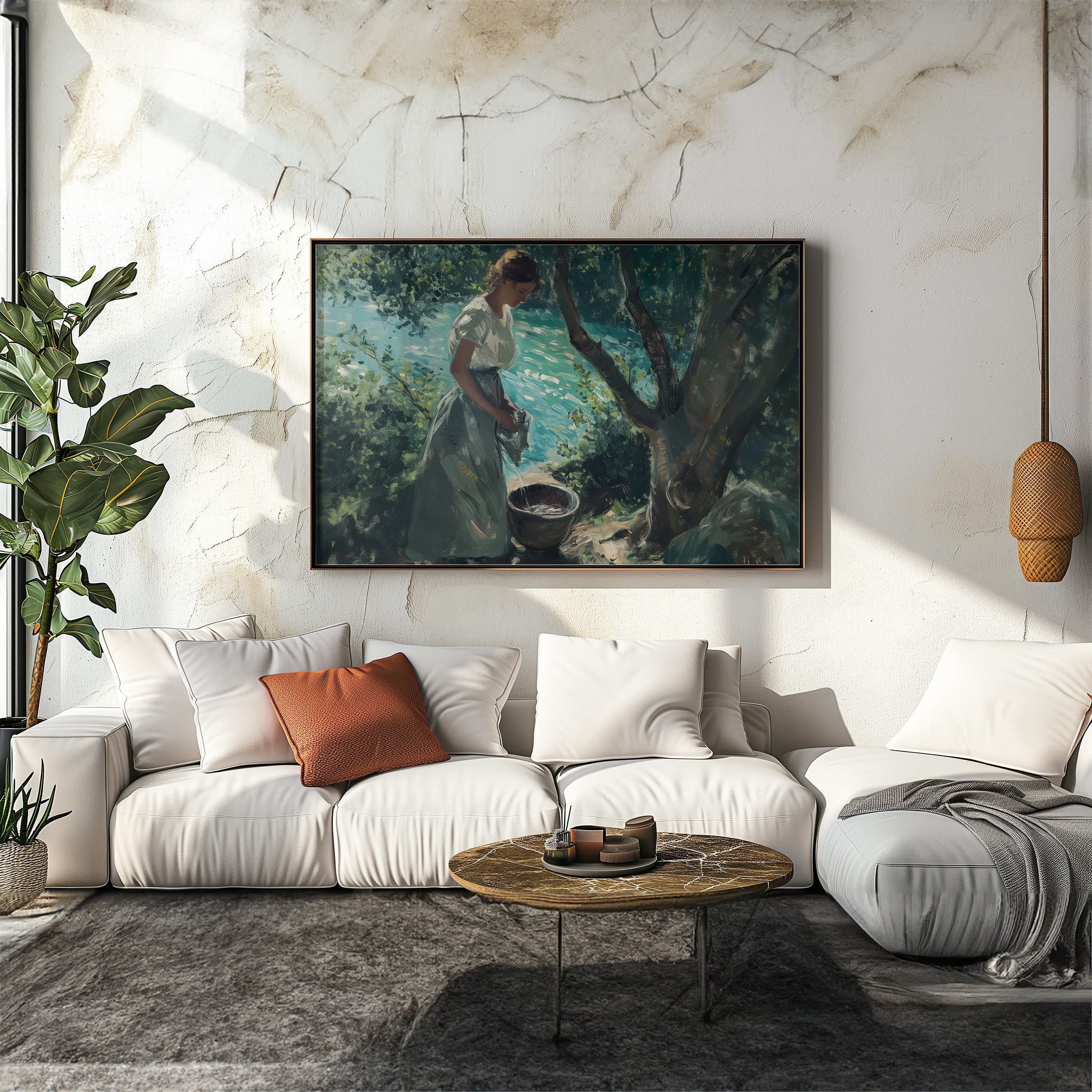 Laundry Digital Art Print, Riverside Wall Decor, Countryside Painting ...