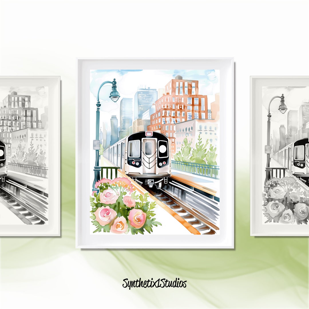 NYC Subway Train Digital Art Print, Floral Cityscape Illustration ...
