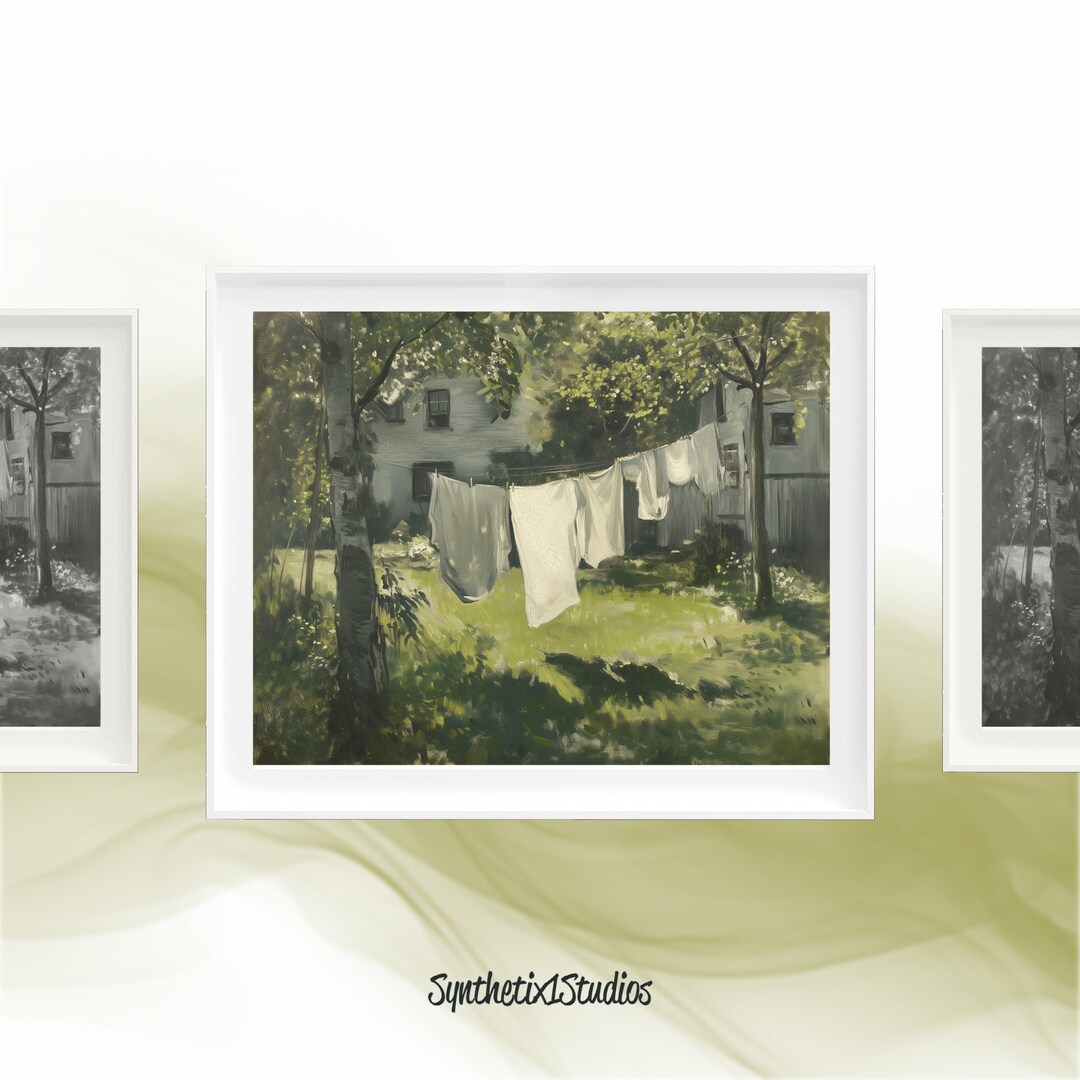 Hanging Line Digital Art Print, Laundry Room Wall Decor, Countryside ...
