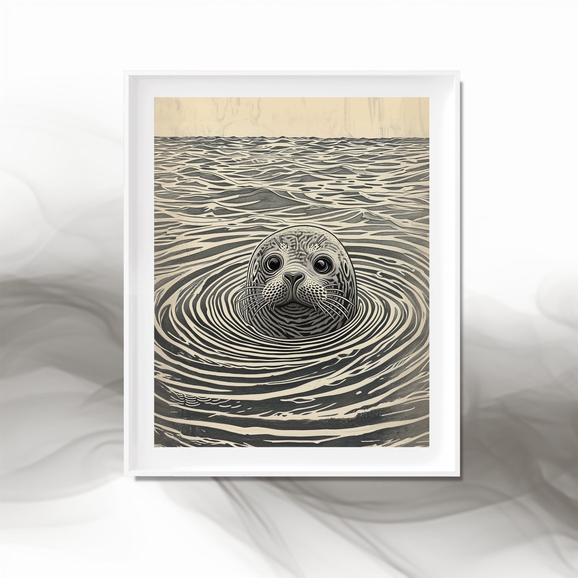 Seal Digital Art Print, Seascape Wall Art, Monochromatic Artwork ...