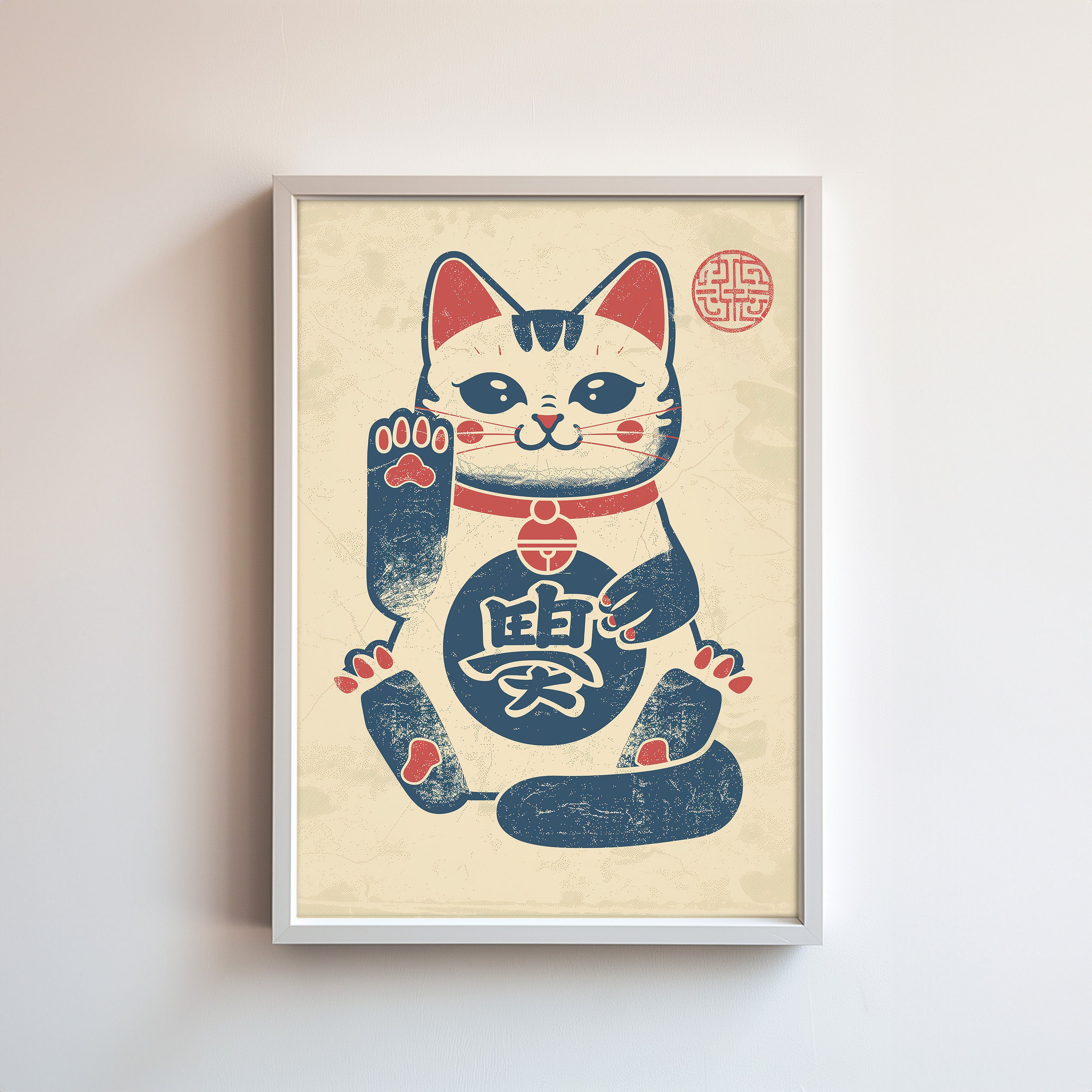 Vintage Maneki Neko Digital Art Print, Japanese Lucky Cat Poster ...
