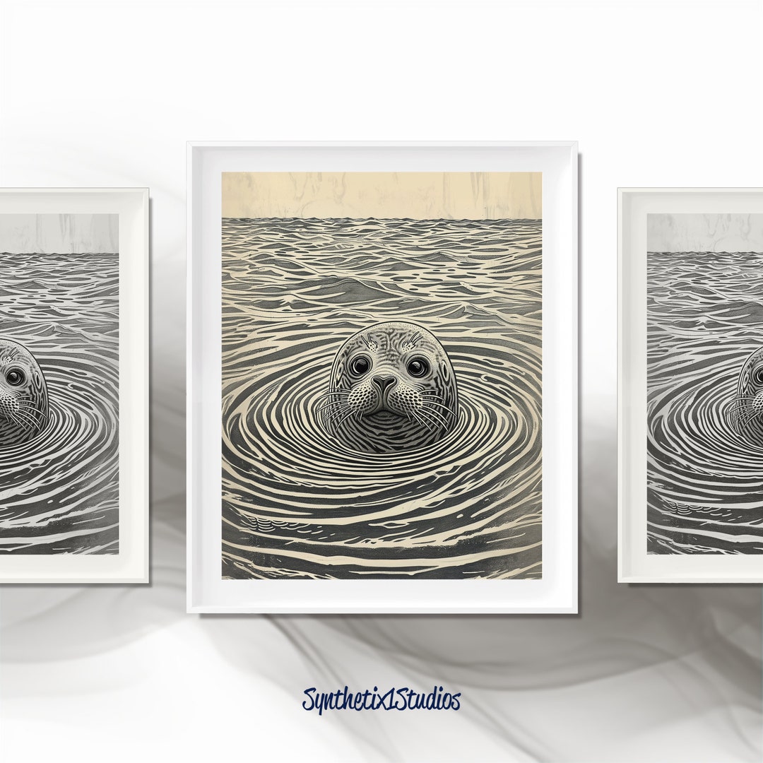 Seal Digital Art Print, Seascape Wall Art, Monochromatic Artwork ...