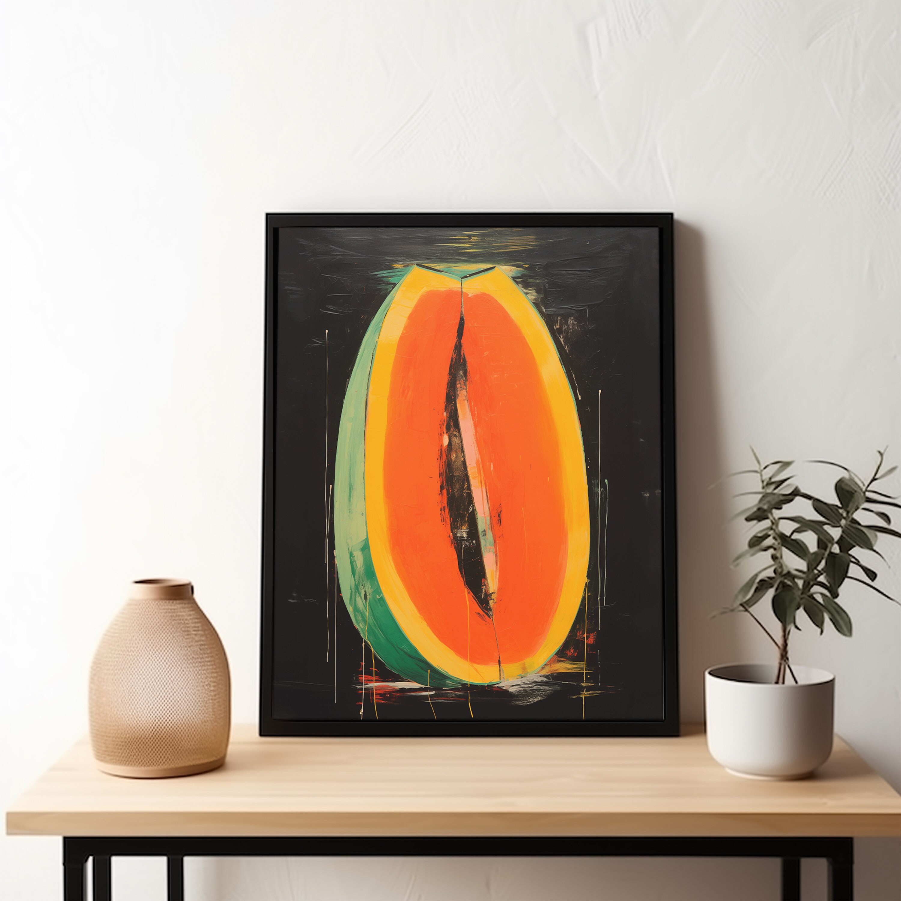 Sliced Papaya Digital Art Print, Abstract Tropical Fruit on Dark ...