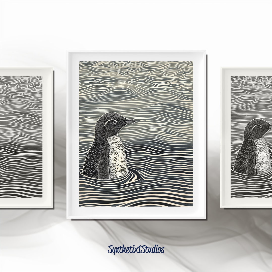 Penguin Digital Art Print, Seascape Wall Art, Monochromatic Artwork ...