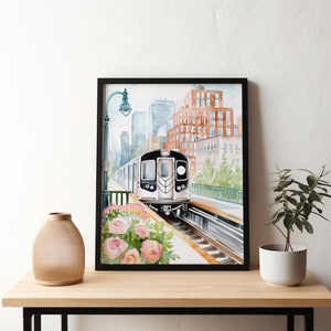 NYC Subway Train Digital Art Print, Floral Cityscape Illustration ...