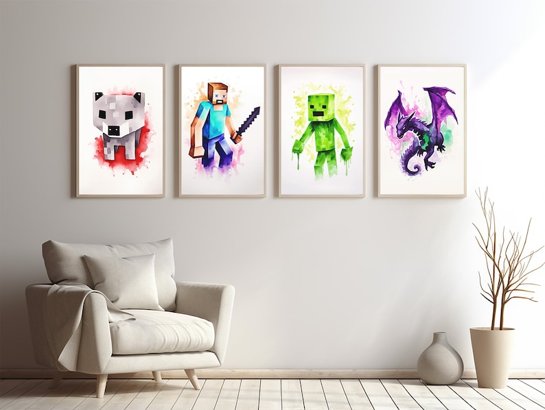 Minecraft Digital Art Print, Watercolour Style Wall Art, Steve, Creeper ...