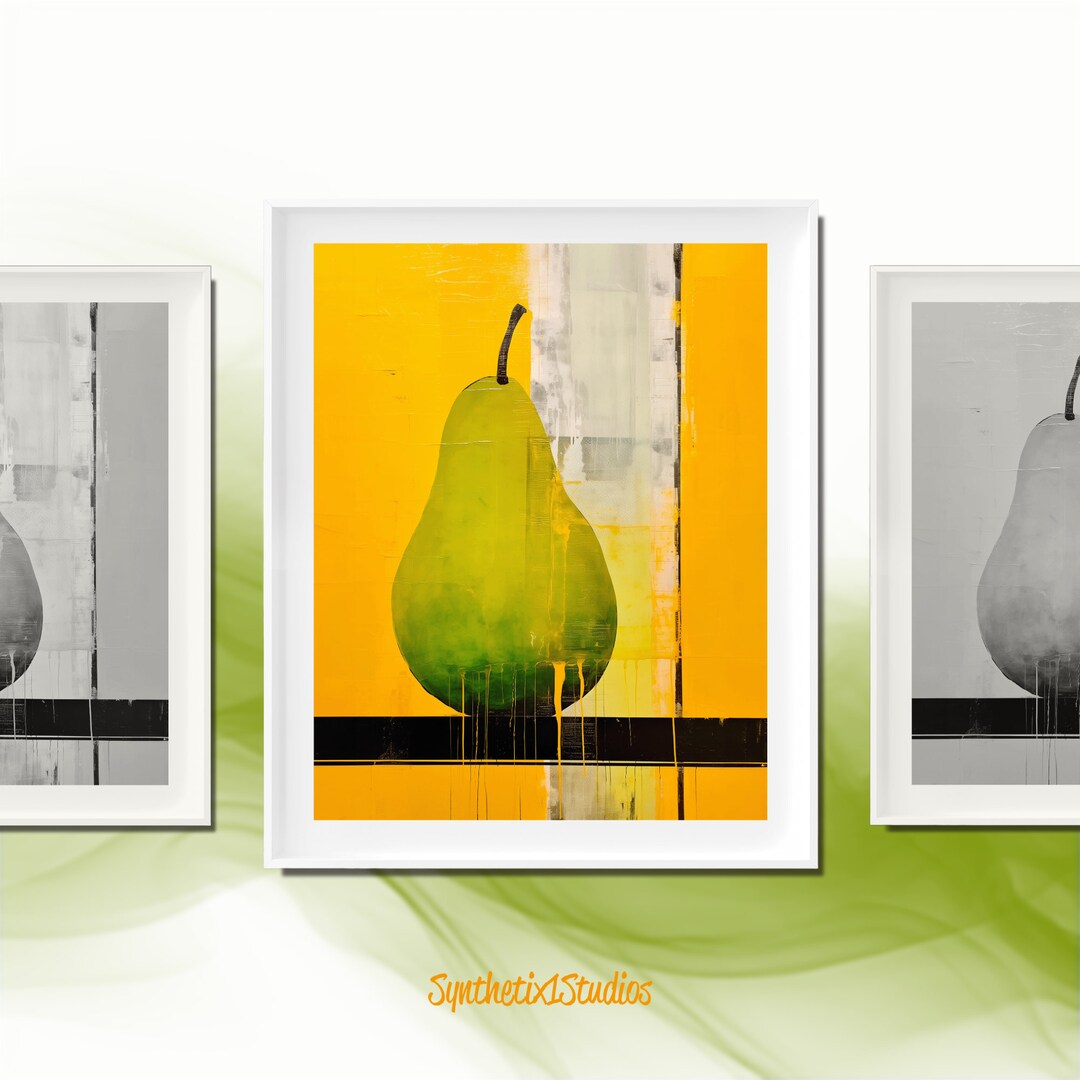 Modern Green Pear Digital Art Print, Abstract Fruit on Yellow ...