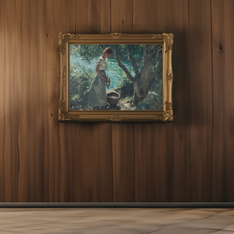 Laundry Digital Art Print, Riverside Wall Decor, Countryside Painting ...