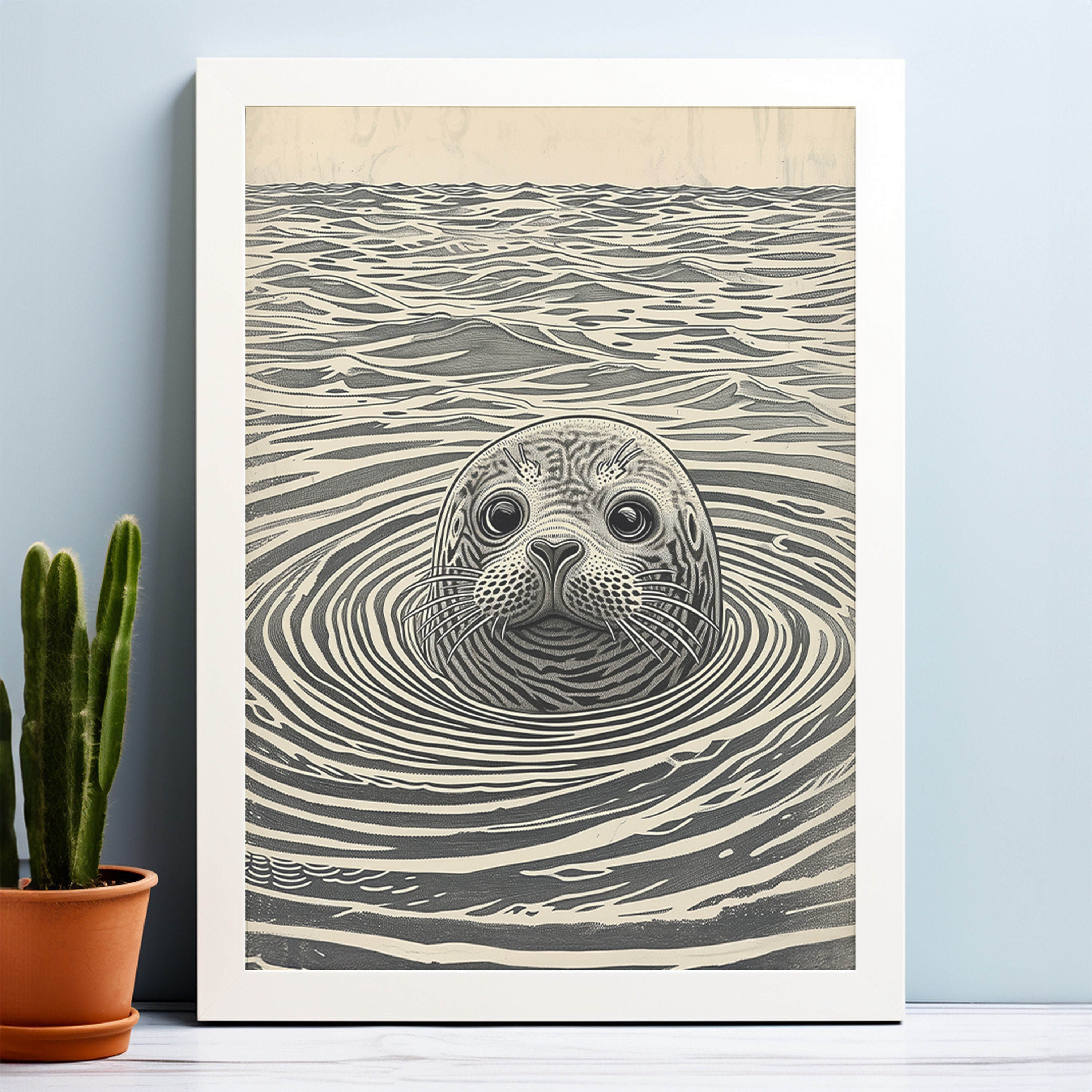 Seal Digital Art Print, Seascape Wall Art, Monochromatic Artwork ...