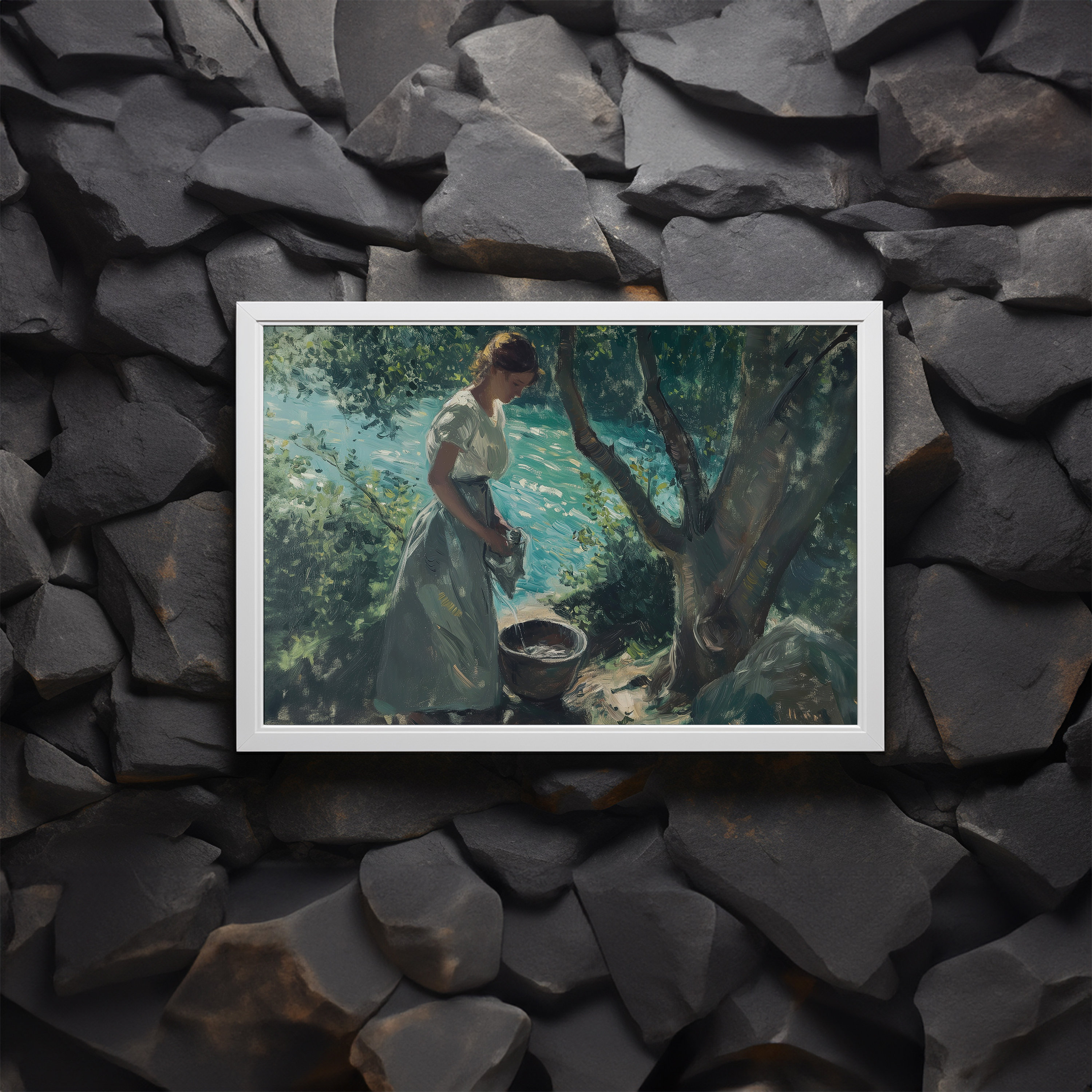 Laundry Digital Art Print, Riverside Wall Decor, Countryside Painting, Impressionist - Etsy