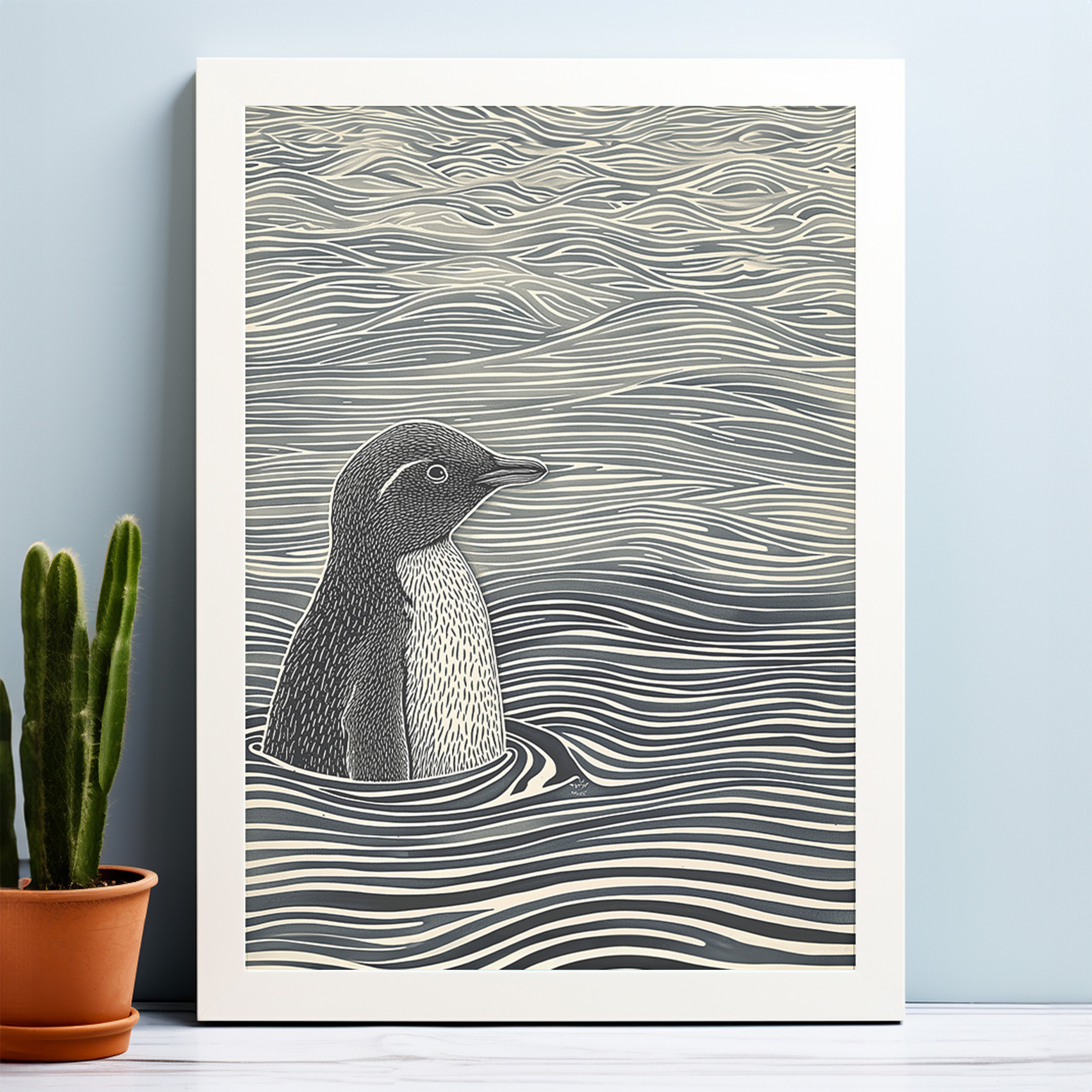 Penguin Digital Art Print, Seascape Wall Art, Monochromatic Artwork ...