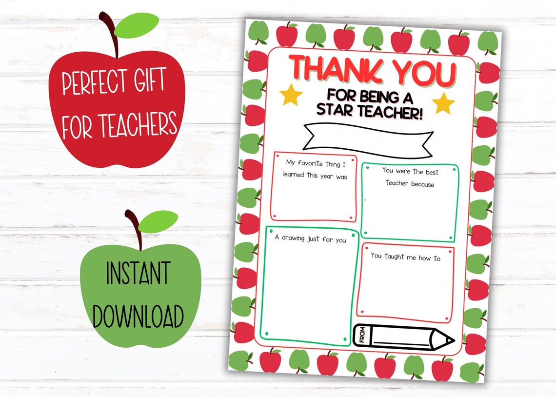 Teacher Appreciation Thank You Apple Printable Perfect School Gift by ...