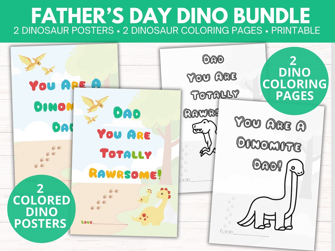 Fathers Day Dino Printable Bundle | Dinosaur Posters and Coloring Pages ...