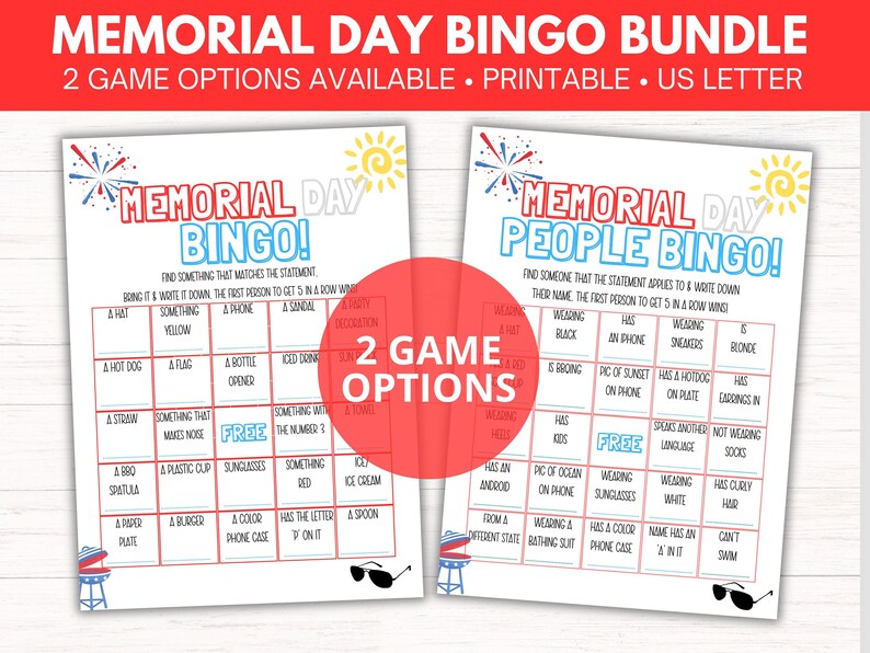 Memorial Day Bingo Bundle Printable | 2 Game Options Available | Fun ...