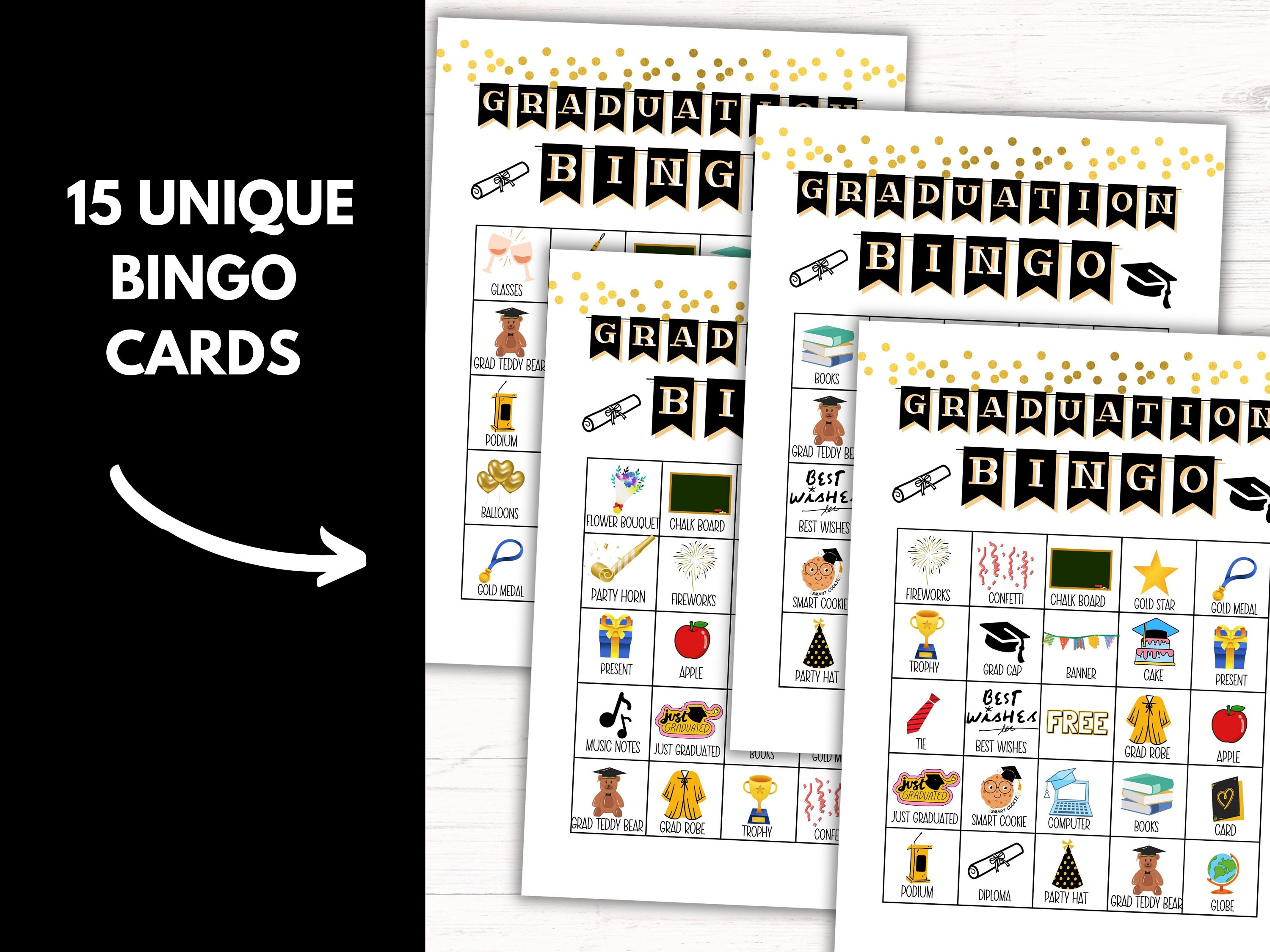 Graduation Bingo Bundle Printable | Unique Bingo Cards | Black and Gold ...