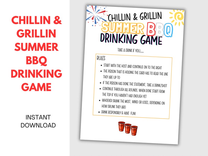 Summer BBQ Drinking Game Printable | Take A Drink Party Game | Chillin ...