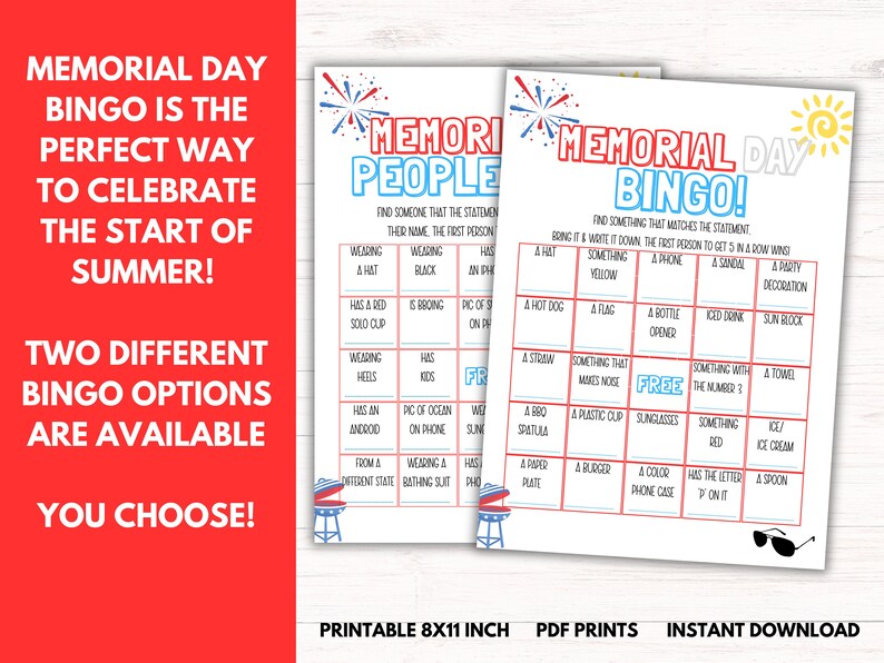 Memorial Day Bingo Bundle Printable | 2 Game Options Available | Fun ...