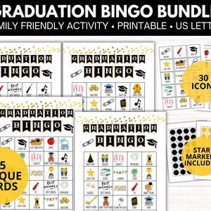 Graduation Bingo Bundle Printable | Unique Bingo Cards | Black and Gold ...