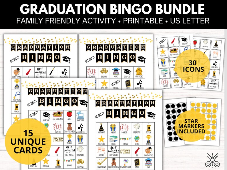 Graduation Bingo Bundle Printable | Unique Bingo Cards | Black and Gold ...