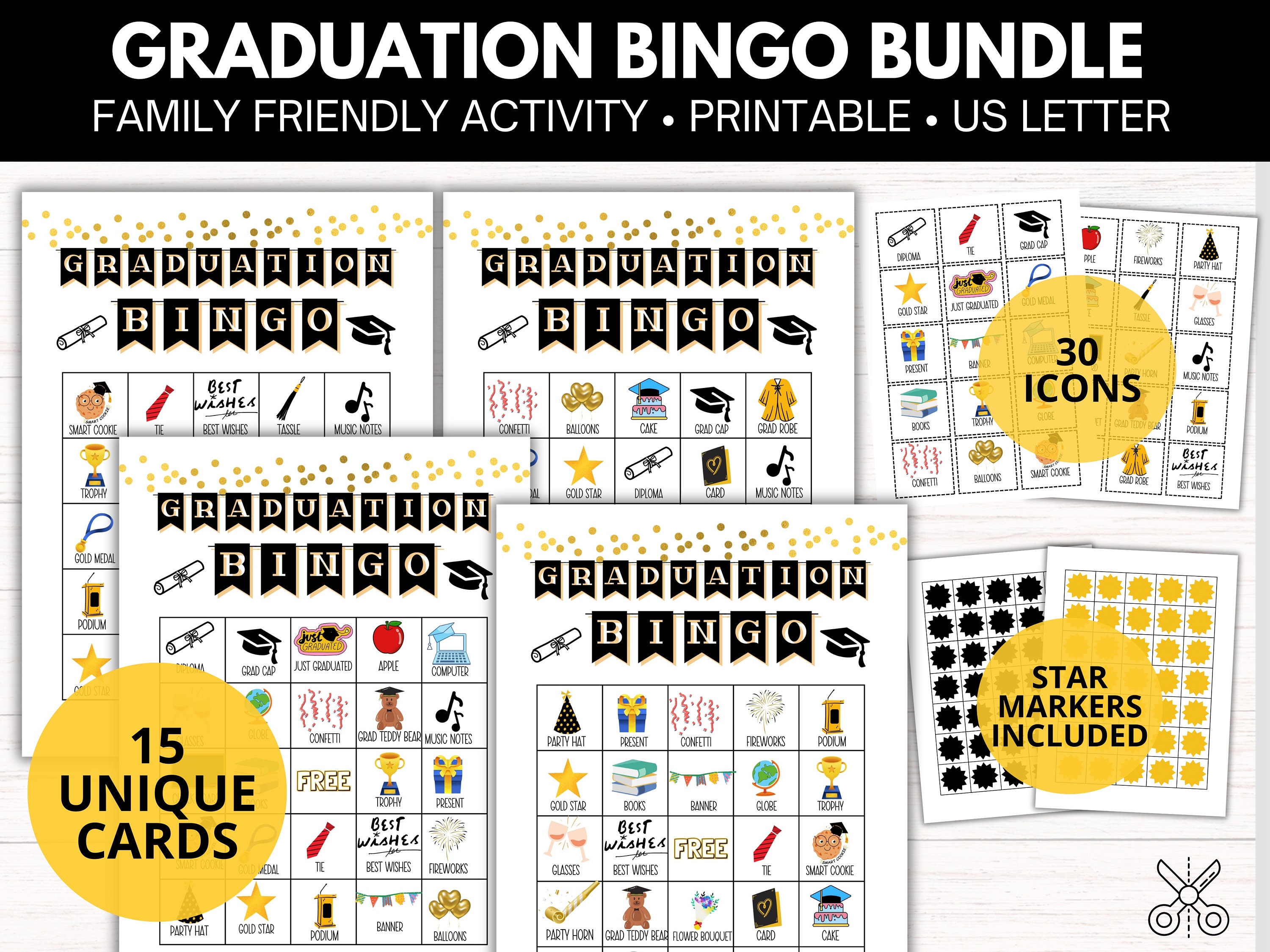 Graduation Bingo Bundle Printable | Unique Bingo Cards | Black and Gold ...
