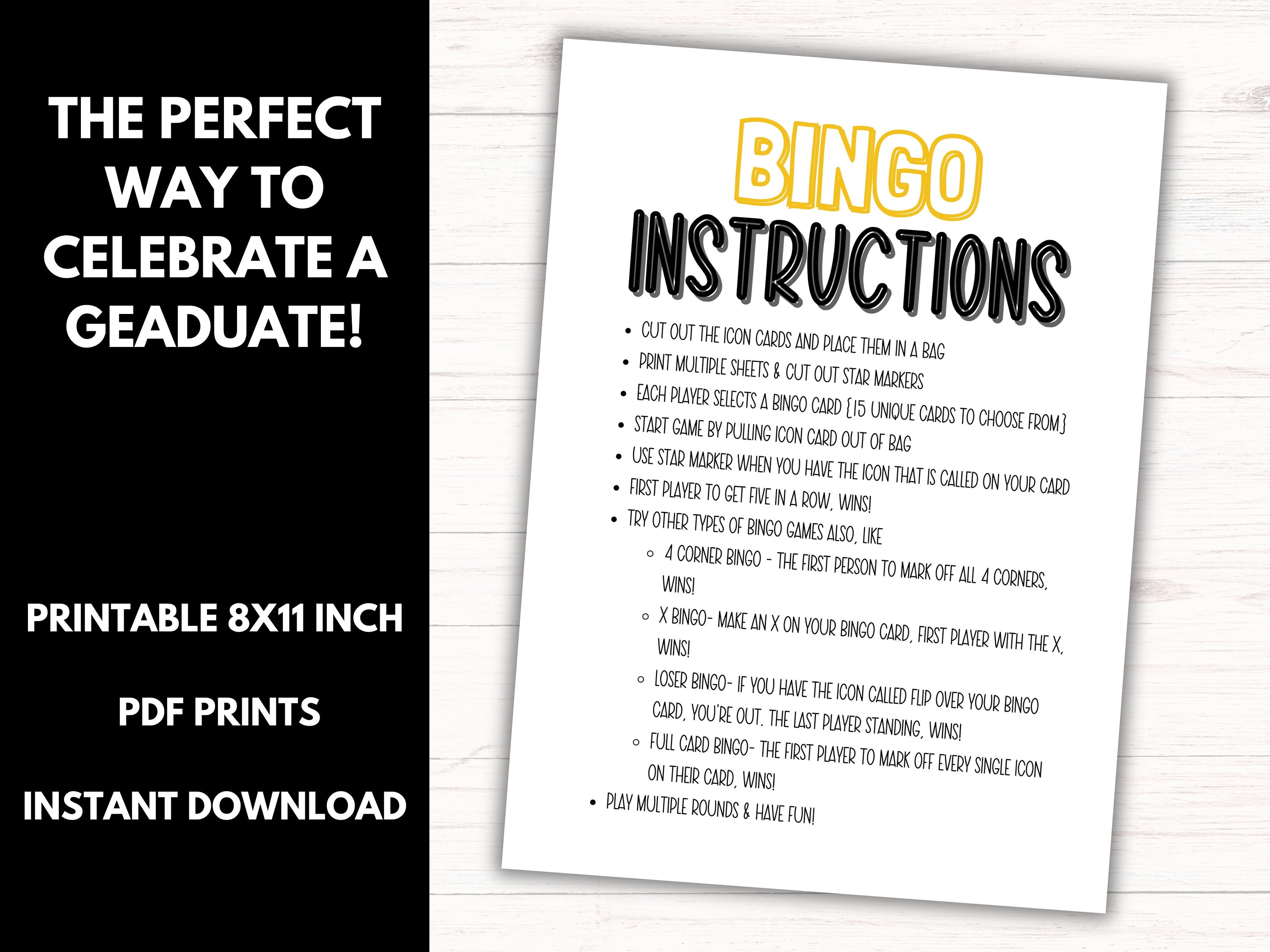 Graduation Bingo Bundle Printable | Unique Bingo Cards | Black and Gold ...