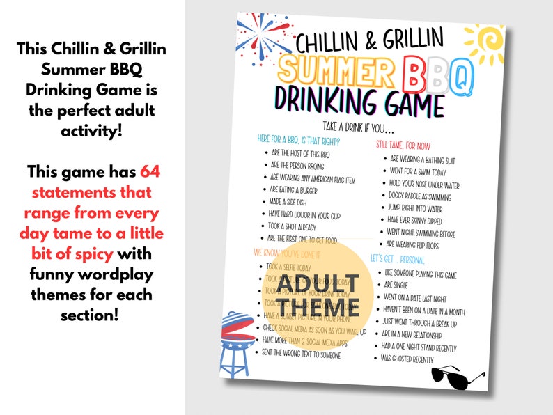 Summer BBQ Drinking Game Printable | Take A Drink Party Game | Chillin ...