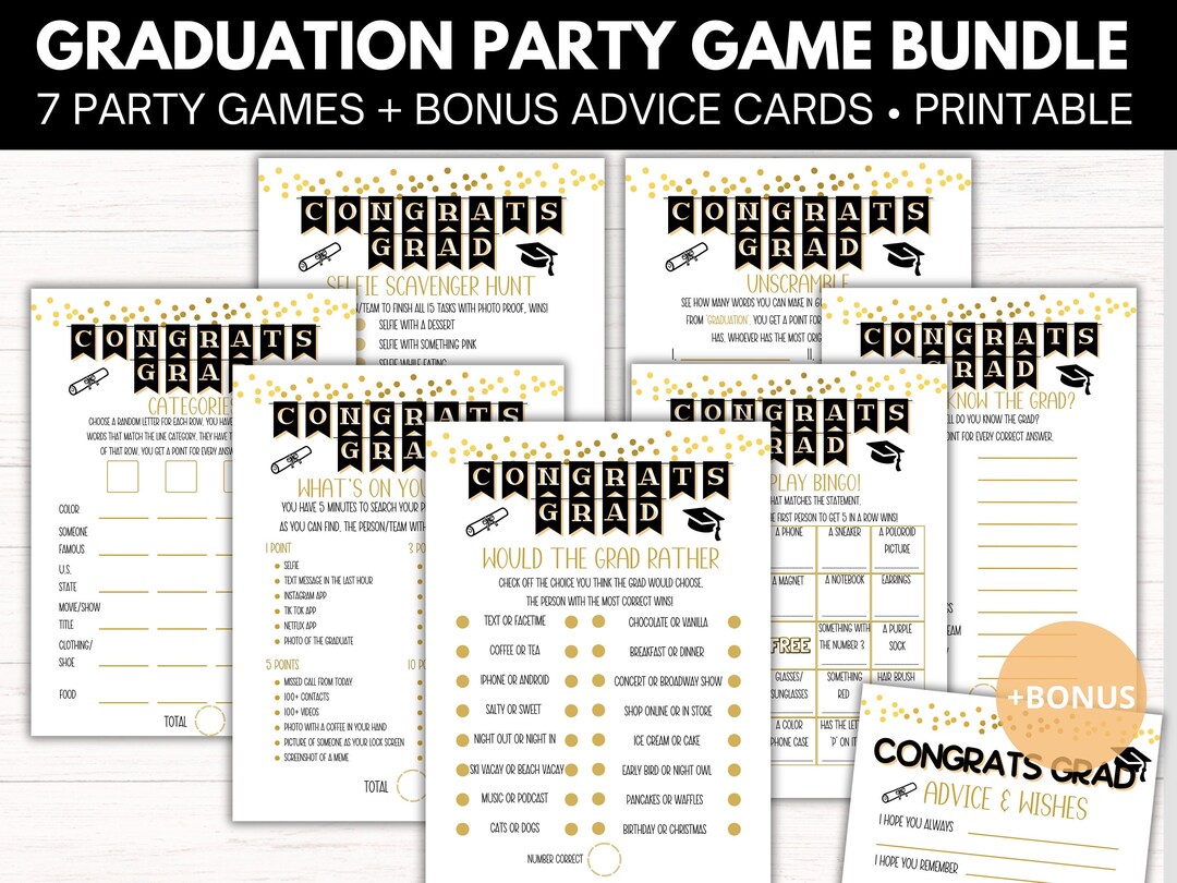 Graduation Game Bundle Printable | Black and Gold Confetti Party Pack ...