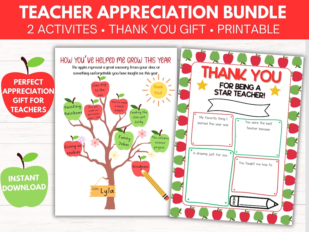 Teacher Appreciation Bundle | Thank You Apple Printable | Gift by Kids ...