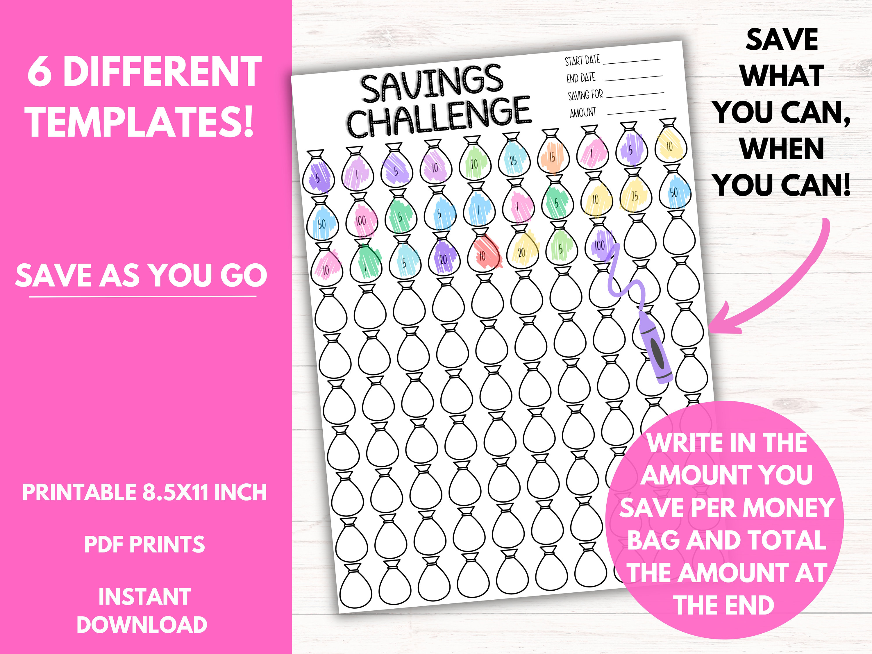 Savings Challenge Bundle Printable | Goal, Progress Tracker Templates ...