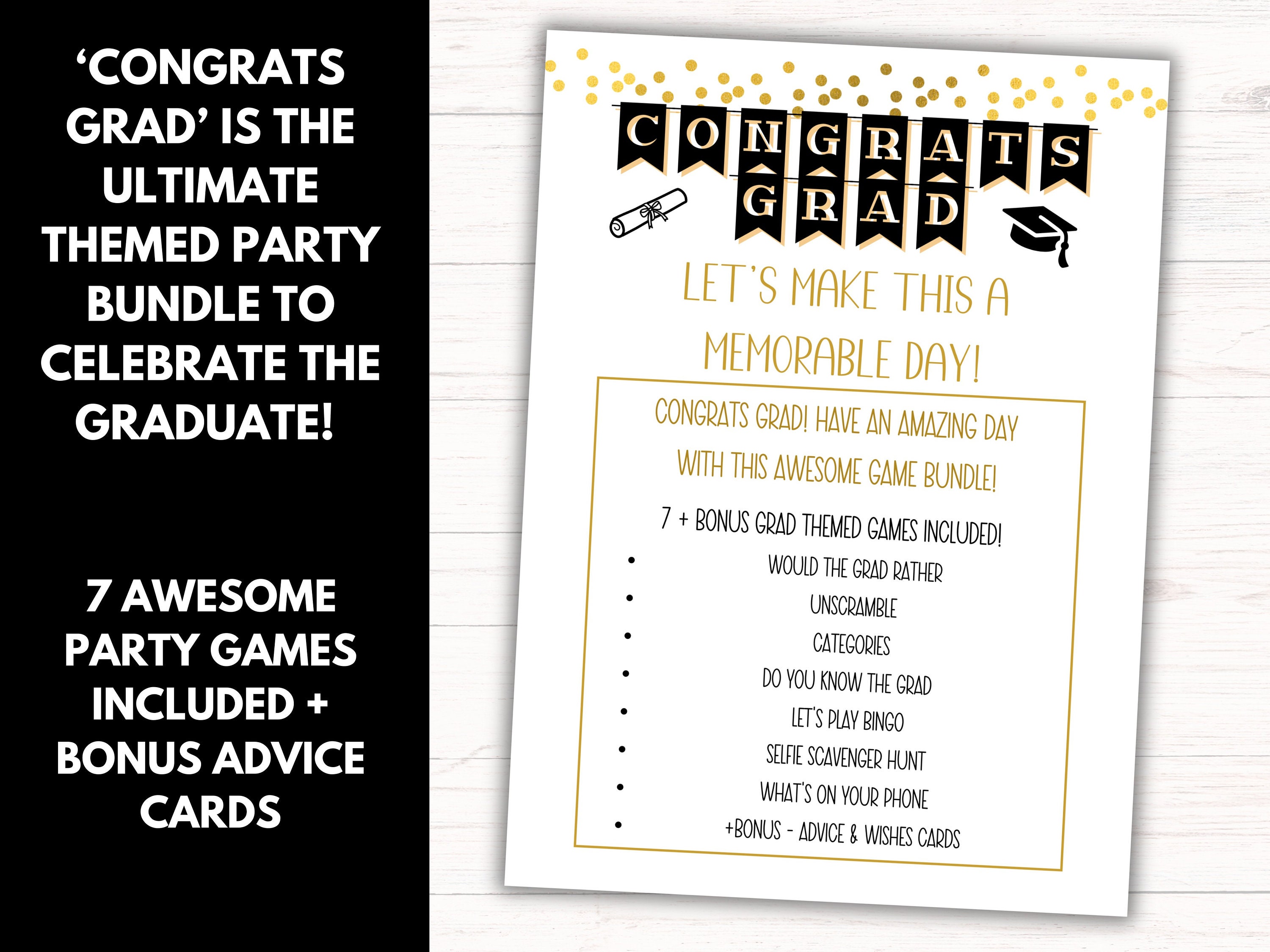 Graduation Game Bundle Printable Black and Gold Confetti Party Pack ...